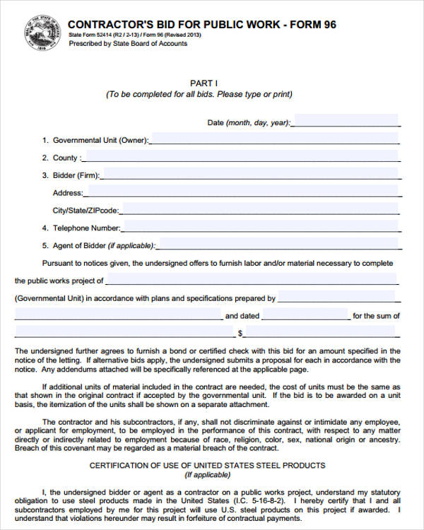 Contractor Bid Form - 7+ Examples, Format, Pdf | Examples
