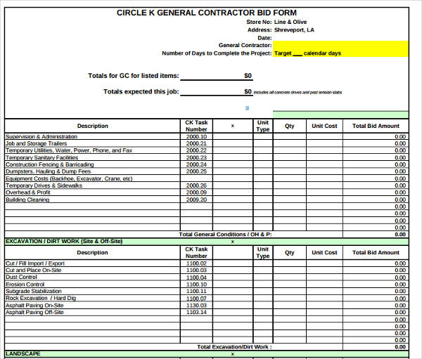 Contractor Bid Form Examples