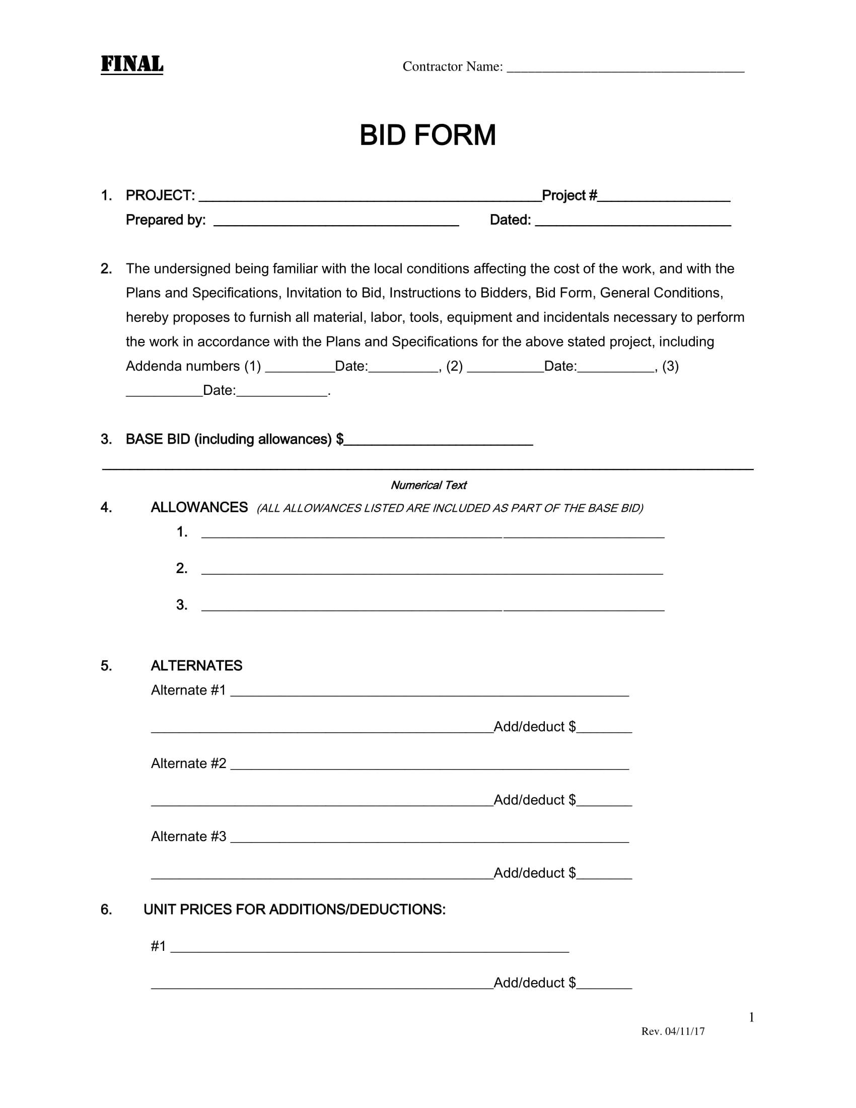 Project Bid Form - 10+ Examples, Format, Sample | Examples
