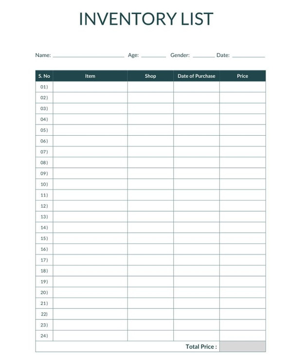 Inventory List Examples 13 PDF Word Apple Pages Apple Numbers 