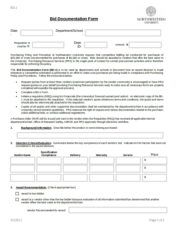 Vendor Bid Form - 10+ Examples, Format, Sample | Examples