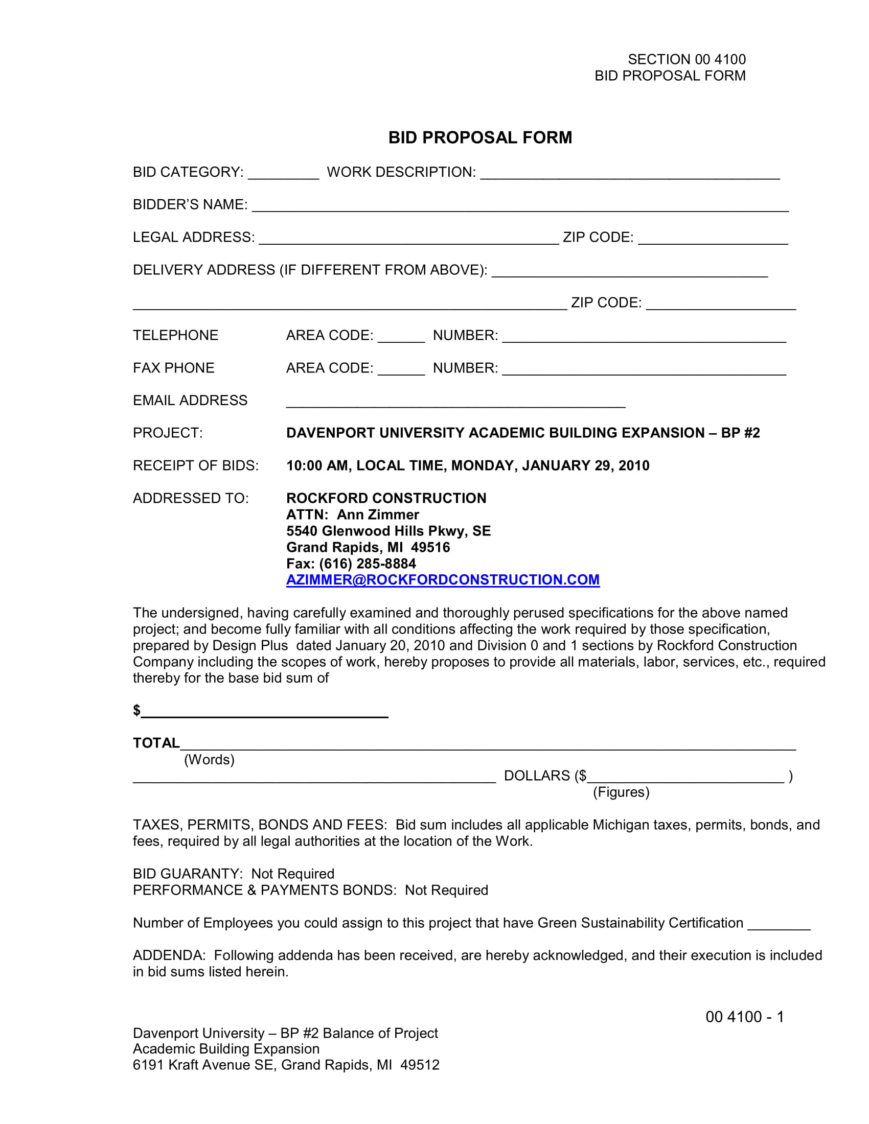 Project Bid Form 10 Examples Format Sample Examples