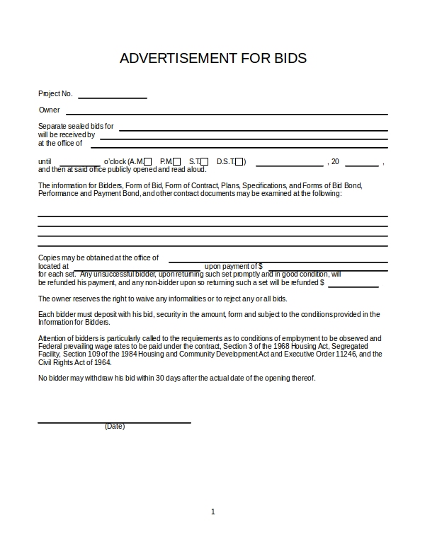 Project Bid Form - 10+ Examples, Format, Sample | Examples