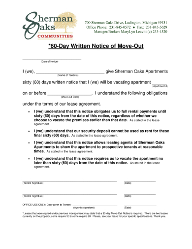 Tenant 60 Day Notice To Vacate 5 Examples Format Pdf Examples