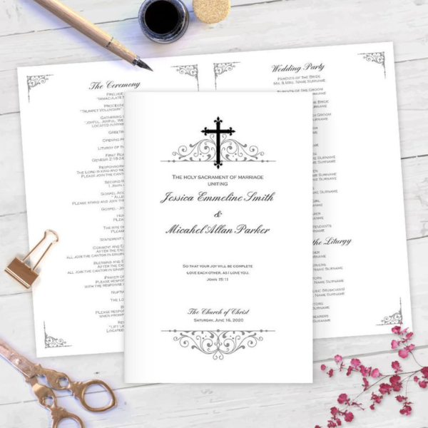 Rose Gold Framed Printable Catholic Wedding Ceremony Program Template 