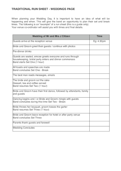 Wedding Run Sheet - 5+ Examples, Format, Pdf | Examples