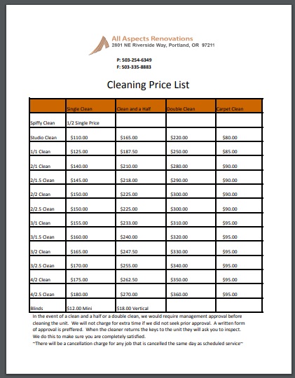 Free Price List Template For Cleaning Services