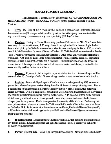 Vehicle Purchase Agreement - 10+ Examples, Format, Pdf | Examples