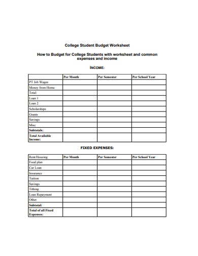 FREE 16 College Budget Worksheet Examples Templates Google Docs 