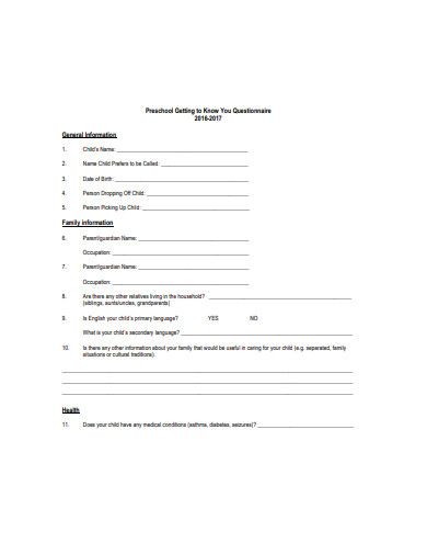 Preschool Questionnaire - 18+ Examples, Format, Pdf | Examples