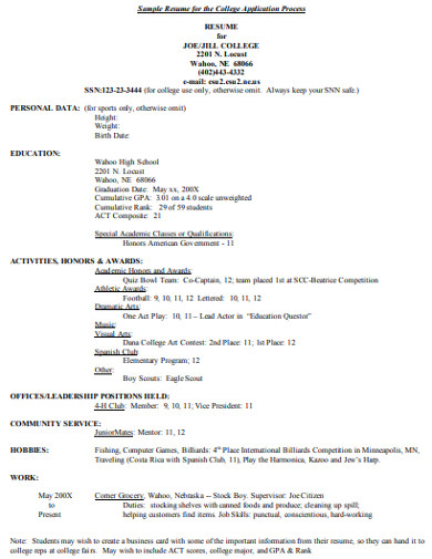 College Application Resume - 4+ Examples, Format, Sample