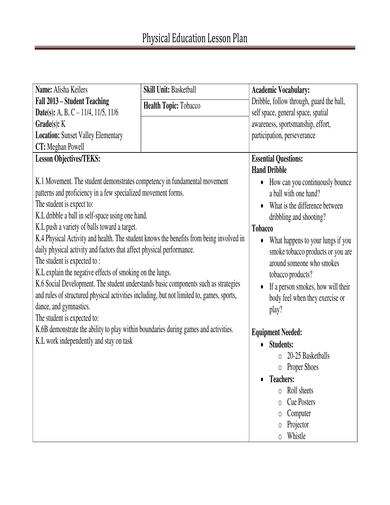 Physical Education 4 A S Lesson Plan Lesson Plan In Mapeh Health For 
