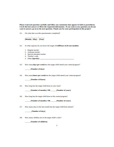 Preschool Questionnaire - 18+ Examples, Format, Pdf | Examples