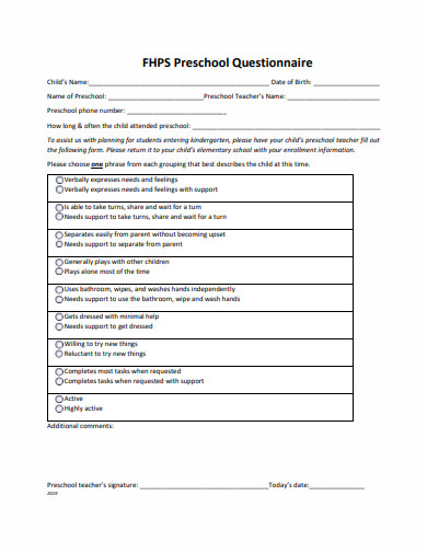 Preschool Questionnaire - 18+ Examples, Format, Pdf | Examples