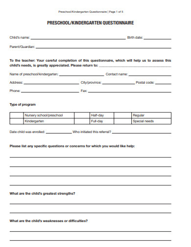 Preschool Questionnaire - 18+ Examples, Format, Pdf | Examples