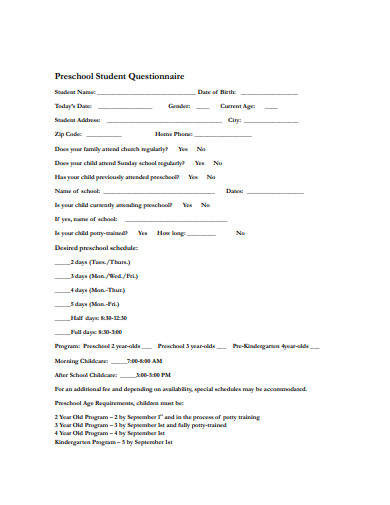 Preschool Questionnaire - 18+ Examples, Format, Pdf | Examples