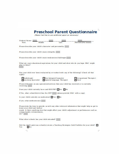 Preschool Questionnaire - 18+ Examples, Format, Pdf | Examples