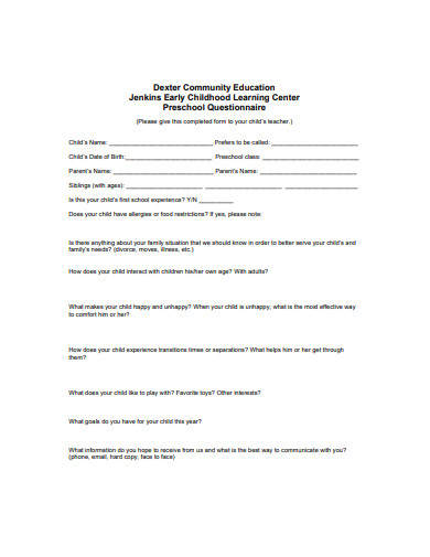 Preschool Questionnaire - 18+ Examples, Format, Pdf | Examples