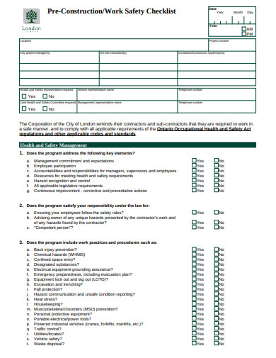 Construction Safety Checklist - 15+ Examples, Format, Pdf | Examples