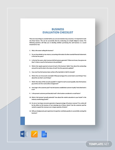 Buying a Business Evaluation Checklist - Examples, Format, Pdf