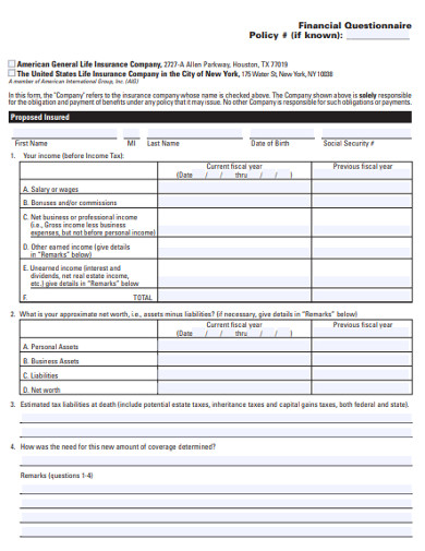 Financial Questionnaire - 10+ Examples, Format, Pdf | Examples