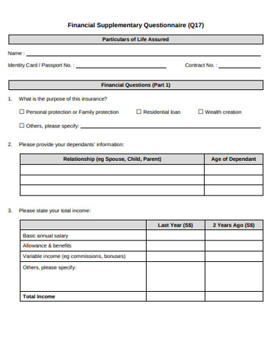 Financial Questionnaire - 10+ Examples, Format, Pdf | Examples
