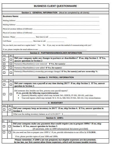 Business Client Questionnaire - 10+ Examples, Format, Pdf | Examples