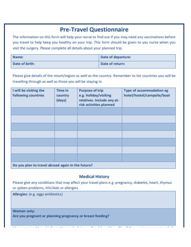 Travel Planning Questionnaire - 3+ Examples, Format, Pdf | Examples