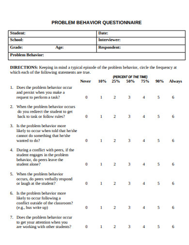 Problem Behavior Questionnaire - 4+ Examples, Format, Pdf | Examples