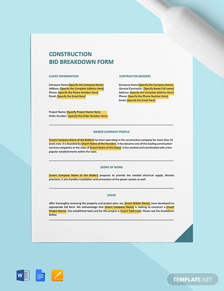Construction Bid Form - 11+ Examples, Format, Pdf | Examples