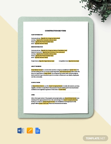 Construction Bid Form - 11+ Examples, Format, Pdf | Examples