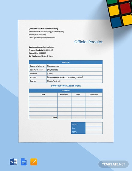 Construction Receipt - 9+ Examples, Format, Excel, Word, Numbers, Pages ...