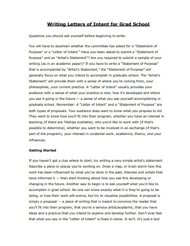 Graduate School Letter Of Intent FREE 9 Examples Format Sample 