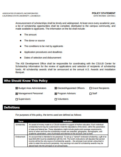 Scholarship Policy - 11+ Examples, Format, Pdf | Examples