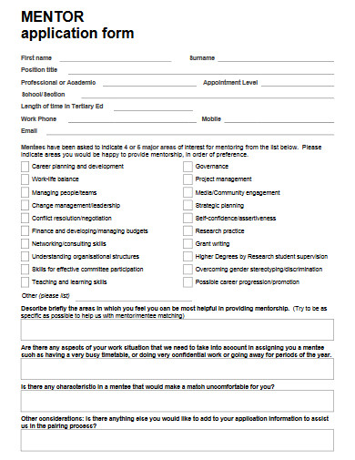 Mentor Application Form - 10+ Examples, Format, Pdf | Examples