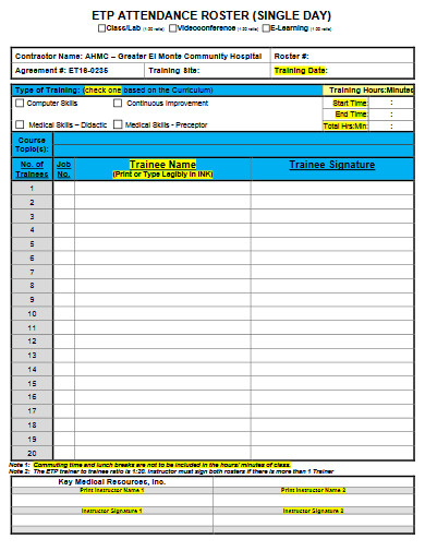 Attendance Roster - 10+ Examples, Format, Pdf | Examples