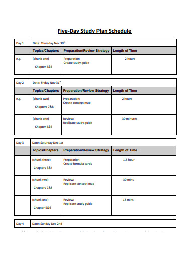 Five Day Study Plan - 10+ Examples, Format, Pdf | Examples