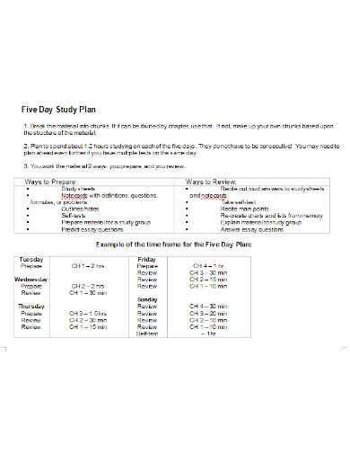Five Day Study Plan - 10+ Examples, Format, Pdf | Examples