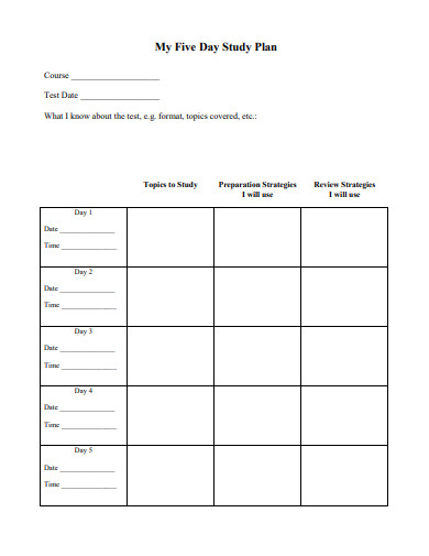 Five Day Study Plan - 10+ Examples, Format, Pdf | Examples