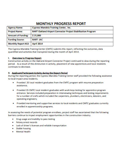 Monthly Progress Report - 10+ Examples, Format, Pdf | Examples