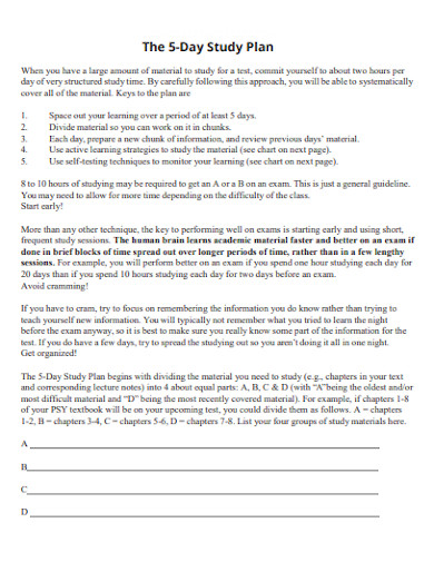 Five Day Study Plan - 10+ Examples, Format, Pdf | Examples
