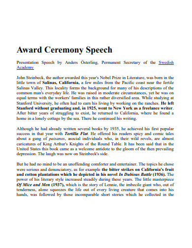 Award Ceremony Speech - 11+ Examples, Format, Sample | Examples
