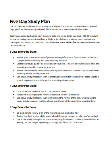 Five Day Study Plan - 10+ Examples, Format, Pdf | Examples