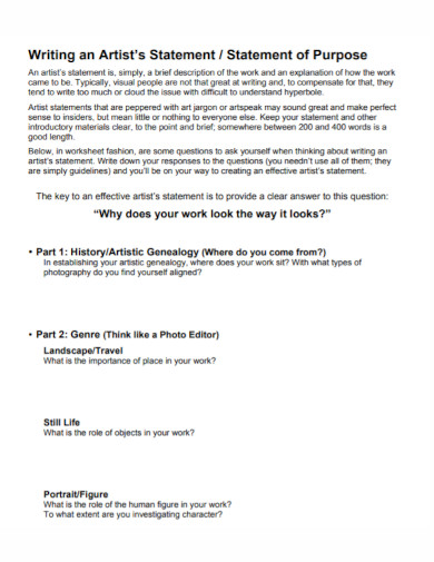 Artist Statement Worksheet - 10+ Examples, Format, Pdf | Examples