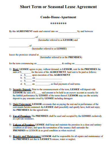 Short-Term Lease Agreement - 10+ Examples, Format, Pdf | Examples