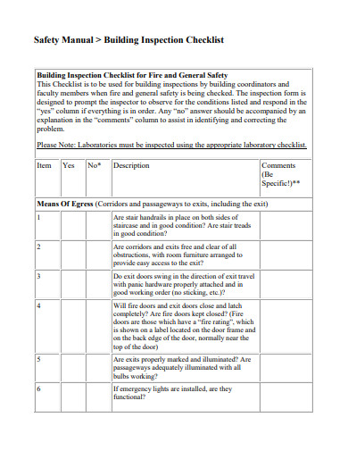 Building Safety Inspection Checklist - 4+ Examples, Format, Pdf | Examples
