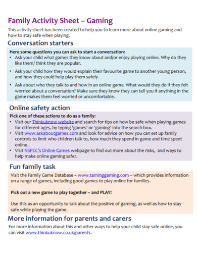 Family Activity Sheet - 9+ Examples, Format, Pdf