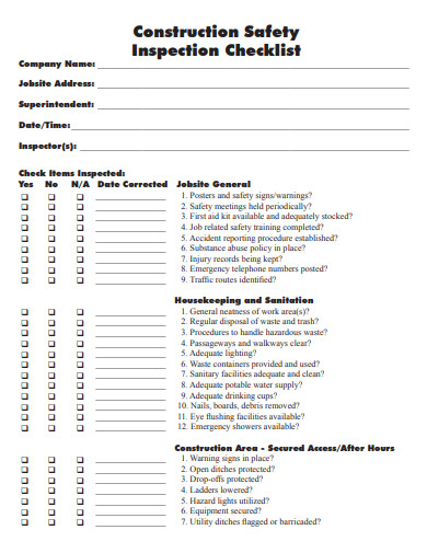 Construction Safety Inspection Checklist - 4+ Examples, Format, Pdf ...
