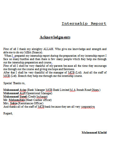 Acknowledgement for Internship Report - 11+ Examples, Format, Pdf ...