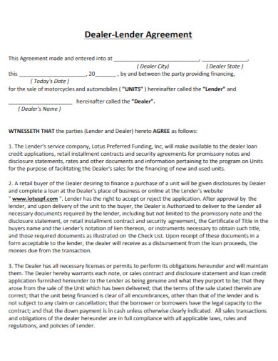 Dealer-Lender Agreement - 3+ Examples, Format, Pdf | Examples
